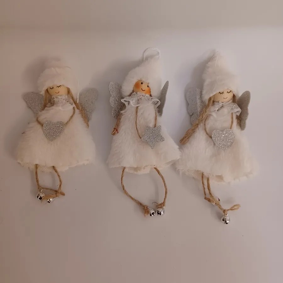 Sada vánočních ozdob andílků 11,5 cm, bílá, dřevo, příze