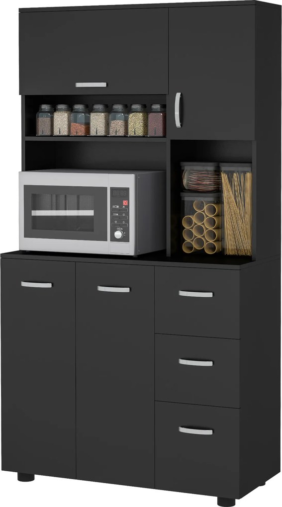 HOMCOM Víceúložná Kuchyňská Skříň se 4 Dveřmi a 3 Zásuvkami, Police + Velká Pracovní Deska 89L x 39,5W x 168H cm Černá