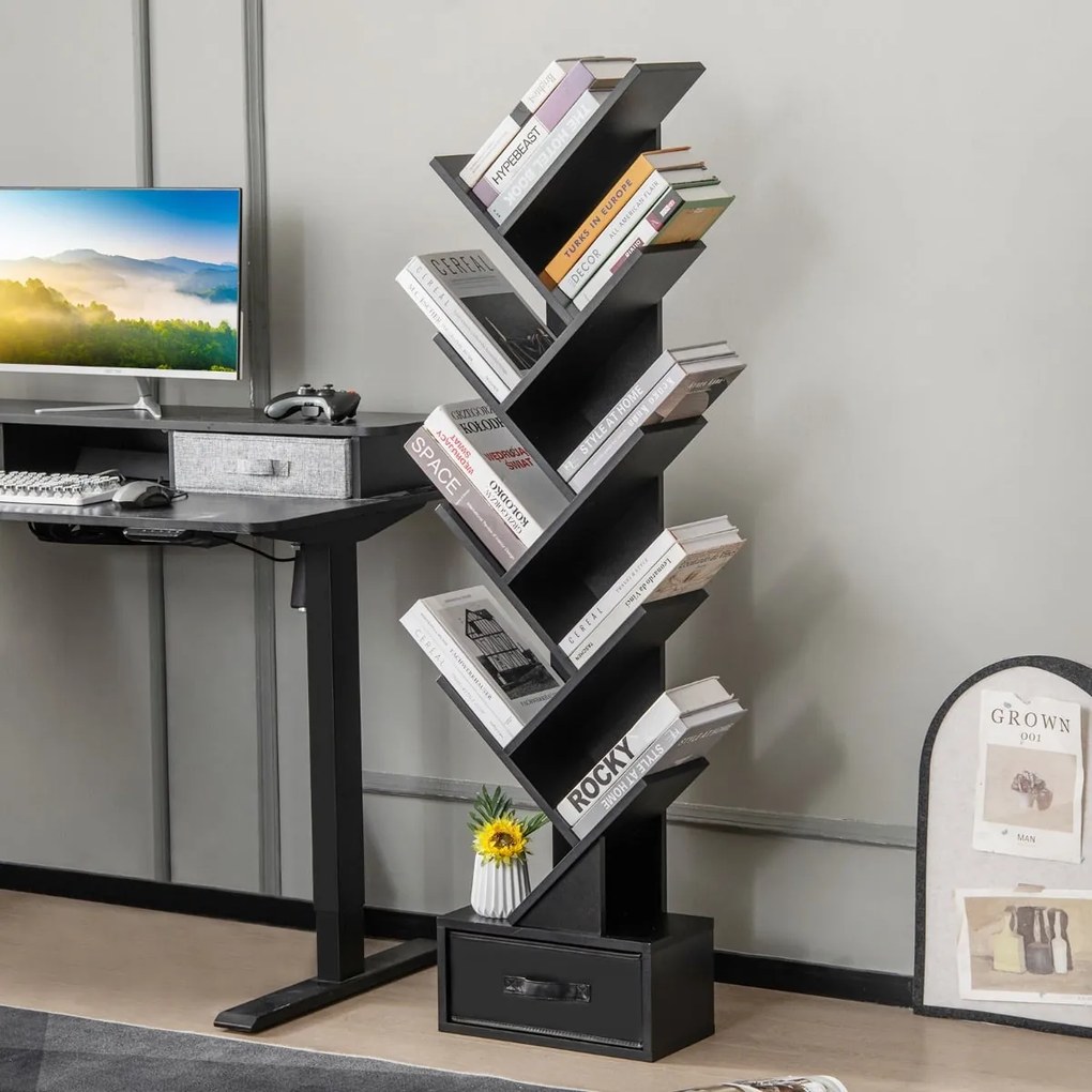 Costway Knihovna 10 Tier Tree Book se zásuvkou na podlaze stojícím úložným