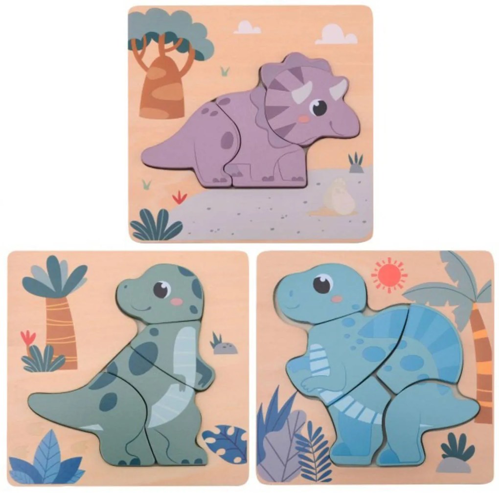 _Ostatní 1_ JOUECO DŘEVO Puzzle baby vkládací Dino na desce velké dílky 3 druhy 80157