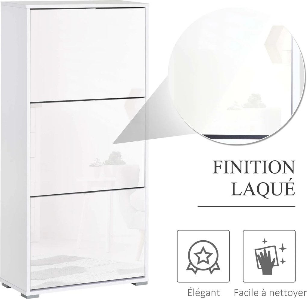 HOMCOM Skříň na boty s 3 výklopnými dvířky a 3 přihrádkami, dřevo 60L x 26Š x 124V cm, vysoce lesklá bílá