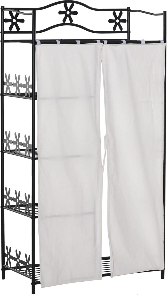 HOMCOM Šatní skříň pro dospělé s 5 policemi, oblečení a šatní tyčí, 84L x 42W x 159H cm, kovová černá s 2 bílými závěsy