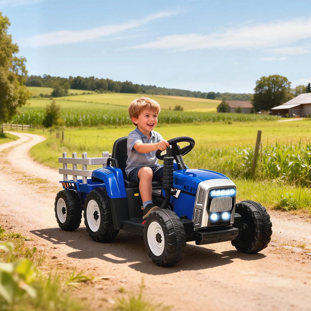 HOMCOM Elektrický dětský traktor s dálkovým ovládáním a přívěsem, MP3 světlomet, 3-6 km/h, pro děti od 3 do 6 let, modrý |