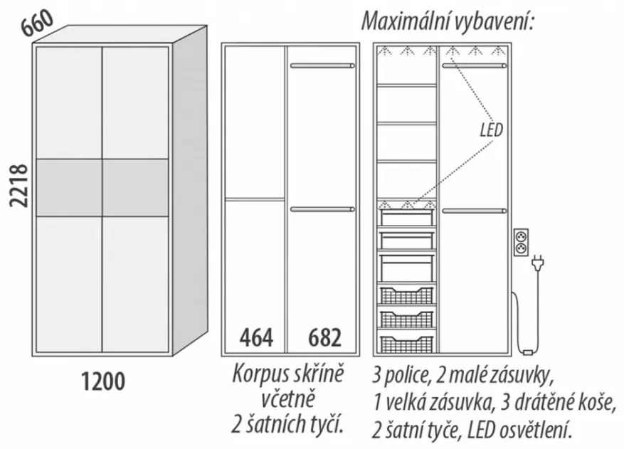 Domestav -Skříň s posuvnými dveřmi 120 cm, lamino dveře buk cink, bílá