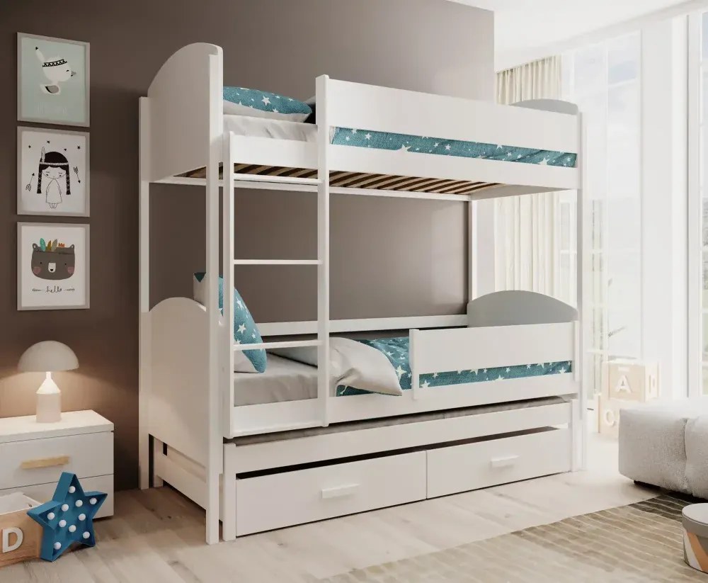 Třílůžková dětská postel Leia 180x80 s matrací – bílá