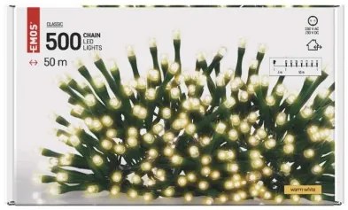 EMOS LED venkovní vánoční řetěz CLASSIC LIGHTS, 500xLED, teplá bílá, 50m, časovač, zelený ZY1429T