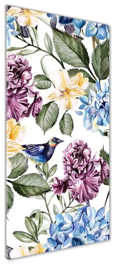 Wallmuralia Foto obraz fotografie na skle Květiny a ptáci 50x125 cm