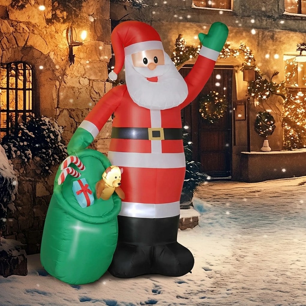 Outsunny Nafukovací Santa Claus, 275 cm, s pytlem a medvědem, vánoční dekorace s integrovanými LED světly