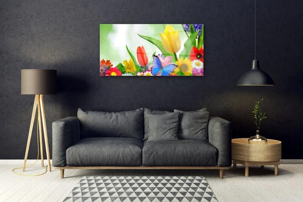 Obraz na skle Motýl Květiny Příroda 125x50 cm