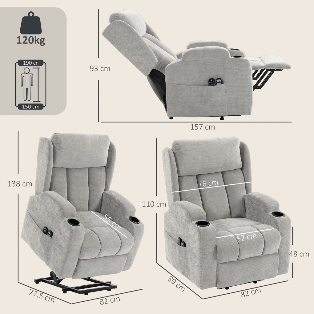 HOMCOM Elektrické křeslo s vybavením na vstávání s masáží a vytápěním, elektrické relaxační křeslo z chenillu, sklápěcí opěrka hlavy, světle šedá