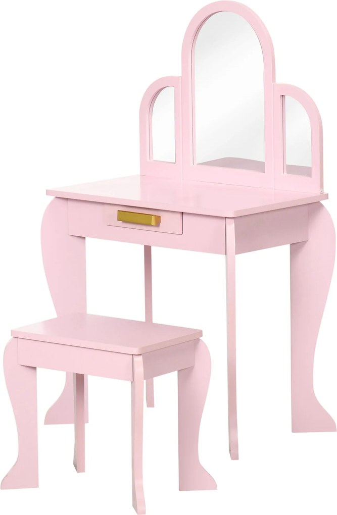 HOMCOM Dětský Toaletní Stolek s Taburetem a 3 Zrcadly - 3-6 let - 52 x 32 x 85 cm - Růžový
