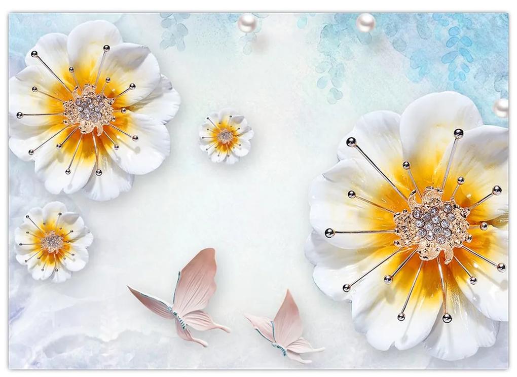 Skleněný obraz - Kompozice s květy a motýly (70x50 cm)