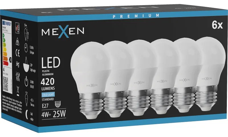 Mexen Nova 6x LED žárovka E27, G45, 4W, Studená - 6500K, 420 lm - L101-E27-0465-01x06