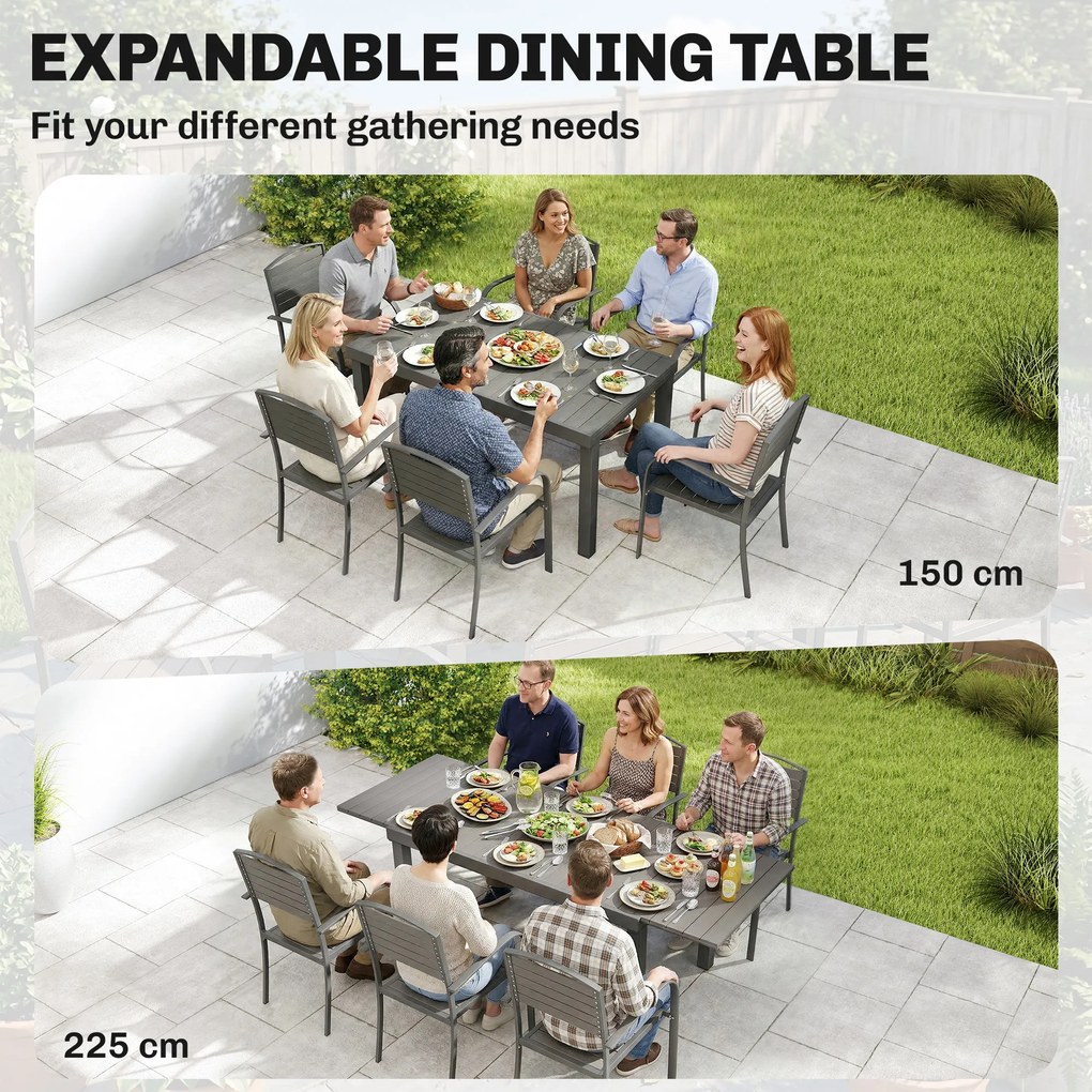 Zahradní set nábytku 7 ks, rozkládací stůl 150–225 cm + 6 židlí, hliník, imitace dřeva, šedý