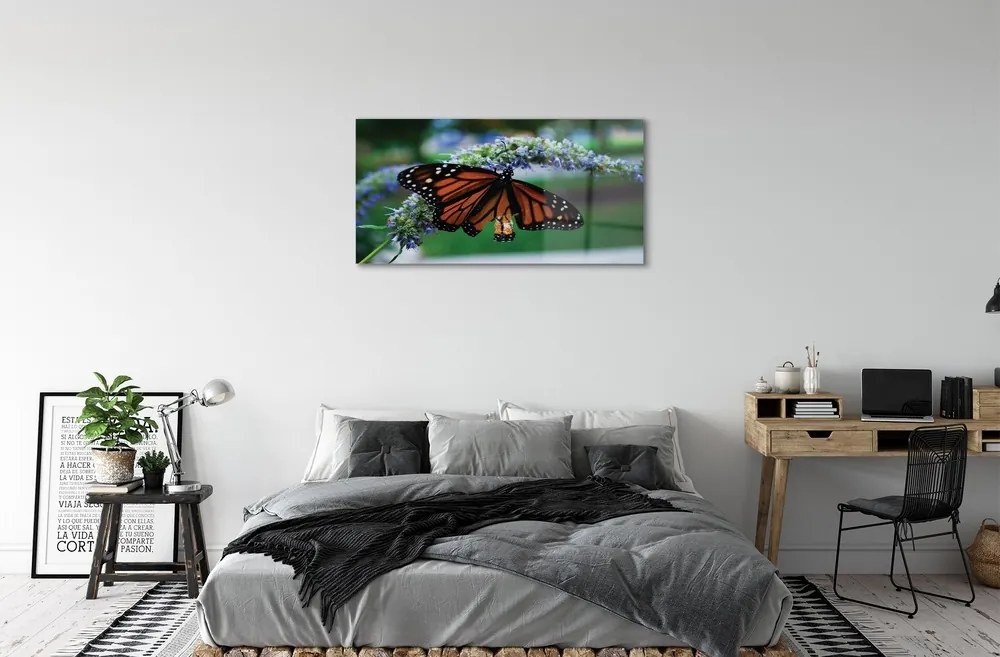 Obraz na skle Motýl na květině 100x50 cm