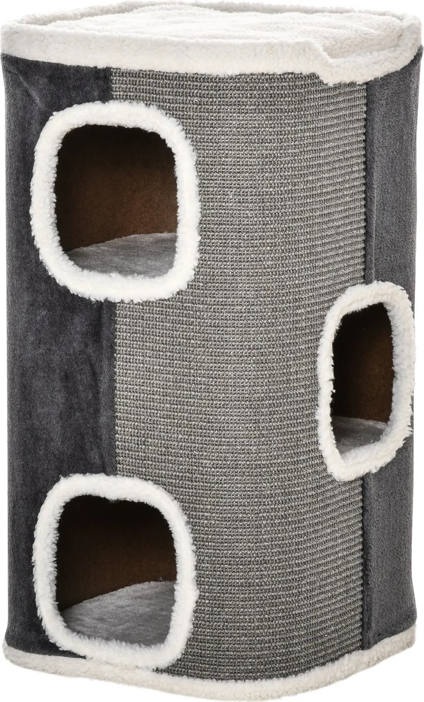 Škrabací strom PawHut pro kočky, 3 úrovně, dřevotříska, sametový polyester, sisal, šedá+bílá, 40x40x74cm| Aosom