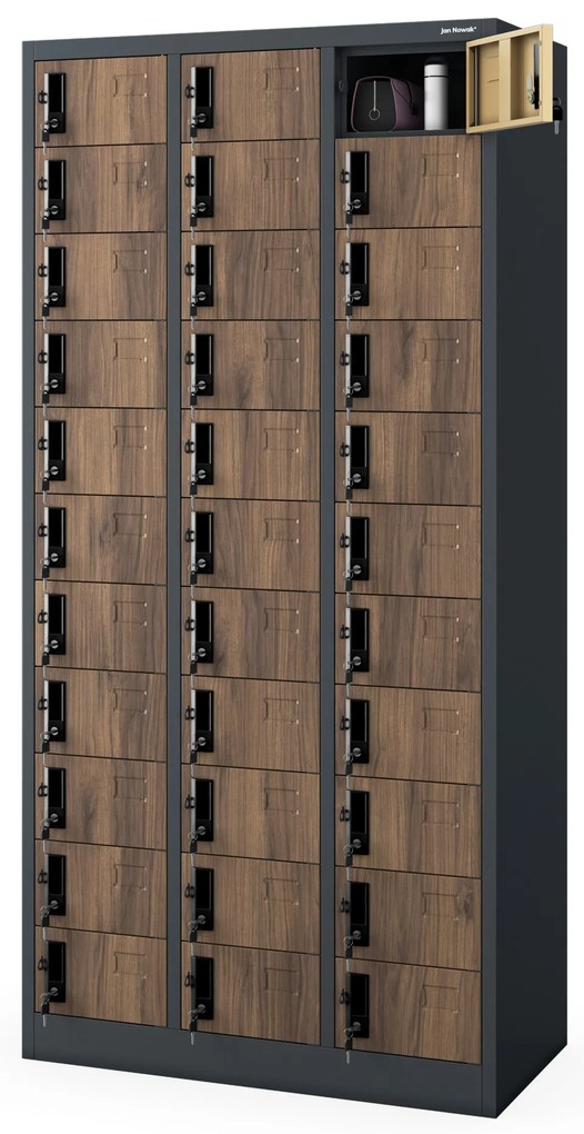Depozitní skříňka s 33 uzamykatelnými boxy, bílá antracit/ořech, 900x1850x450 mm: OLIVER Eco Design