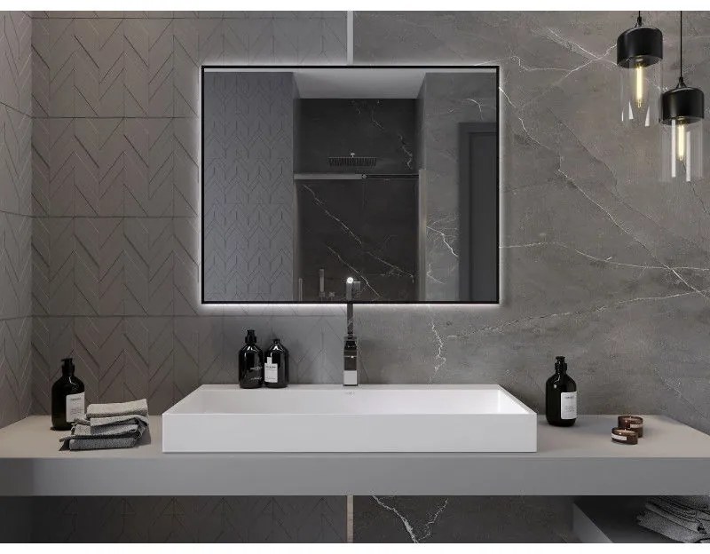 Mexen Erma, LED koupelnové zrcadlo s podsvícením a černým rámem 100x80 cm, 6000K, ochrana proti zamlžování, 9814-100-080-611-70