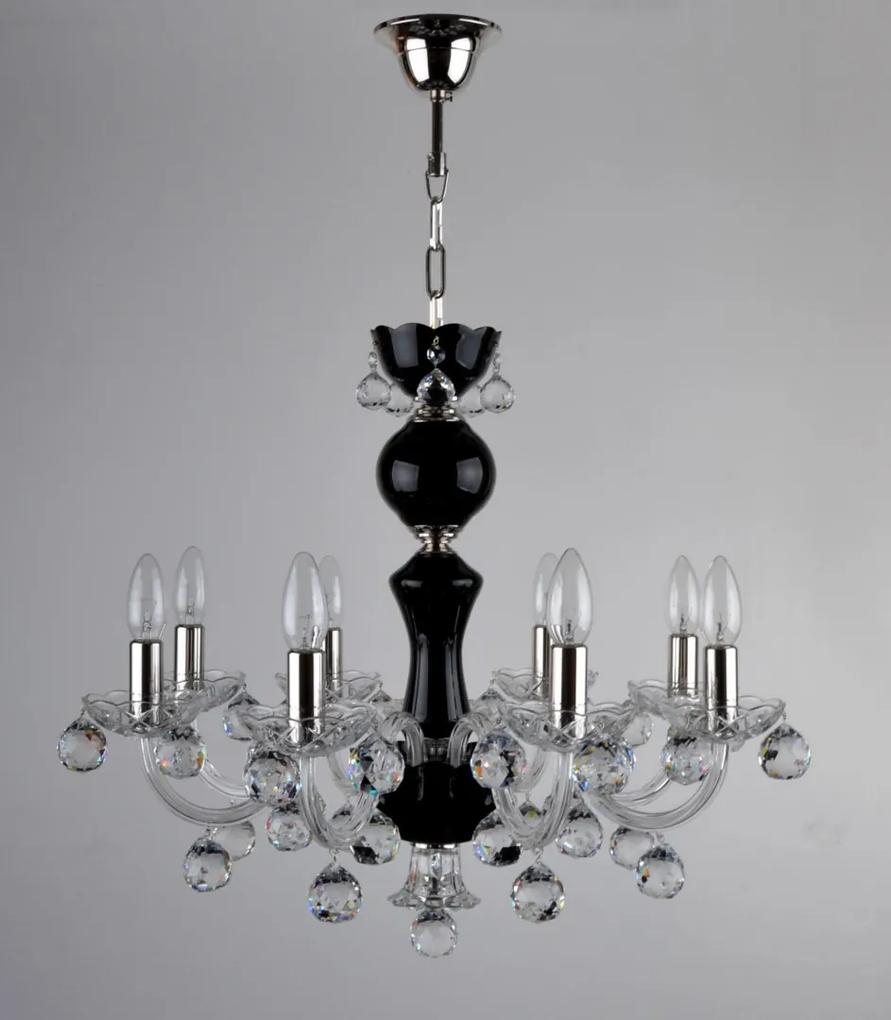8 ramenný černý křišťálový lustr s broušenými křišťálovými koulemi - stříbrný kov
