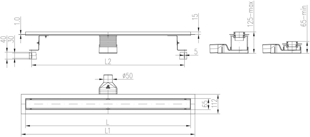 Chuděj Lineární nerezový žlab 950mm s plastovým sifonem s bočním odtokem d 50, basic mat