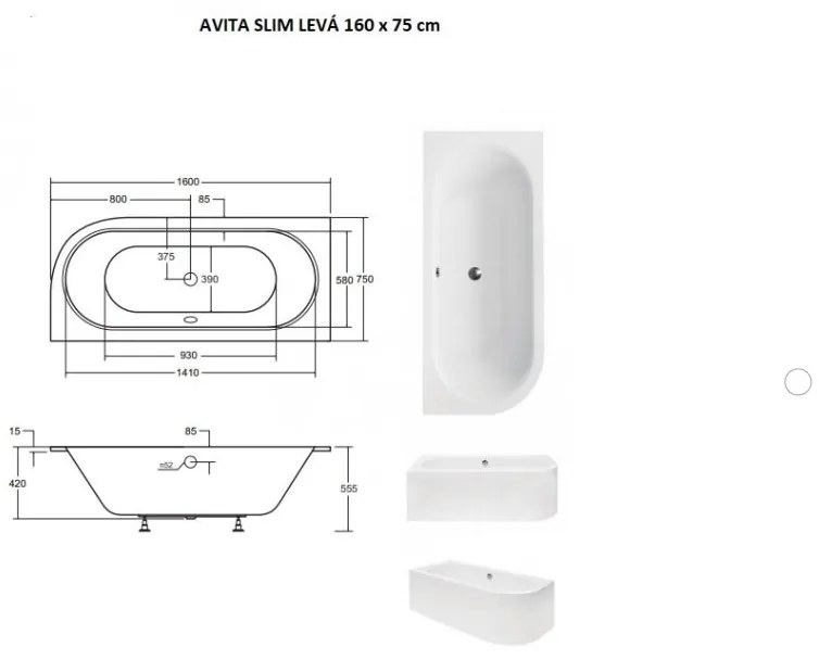 Besco Avita Slim akrylátová vana Délka vany: 150cm, Orientace: Levá