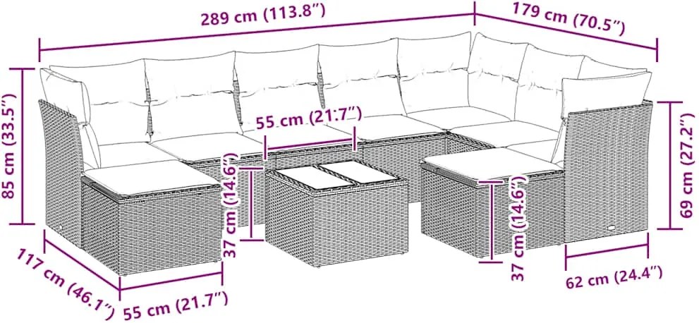 10dílná zahradní sedací souprava s poduškami černá polyratan 3218575