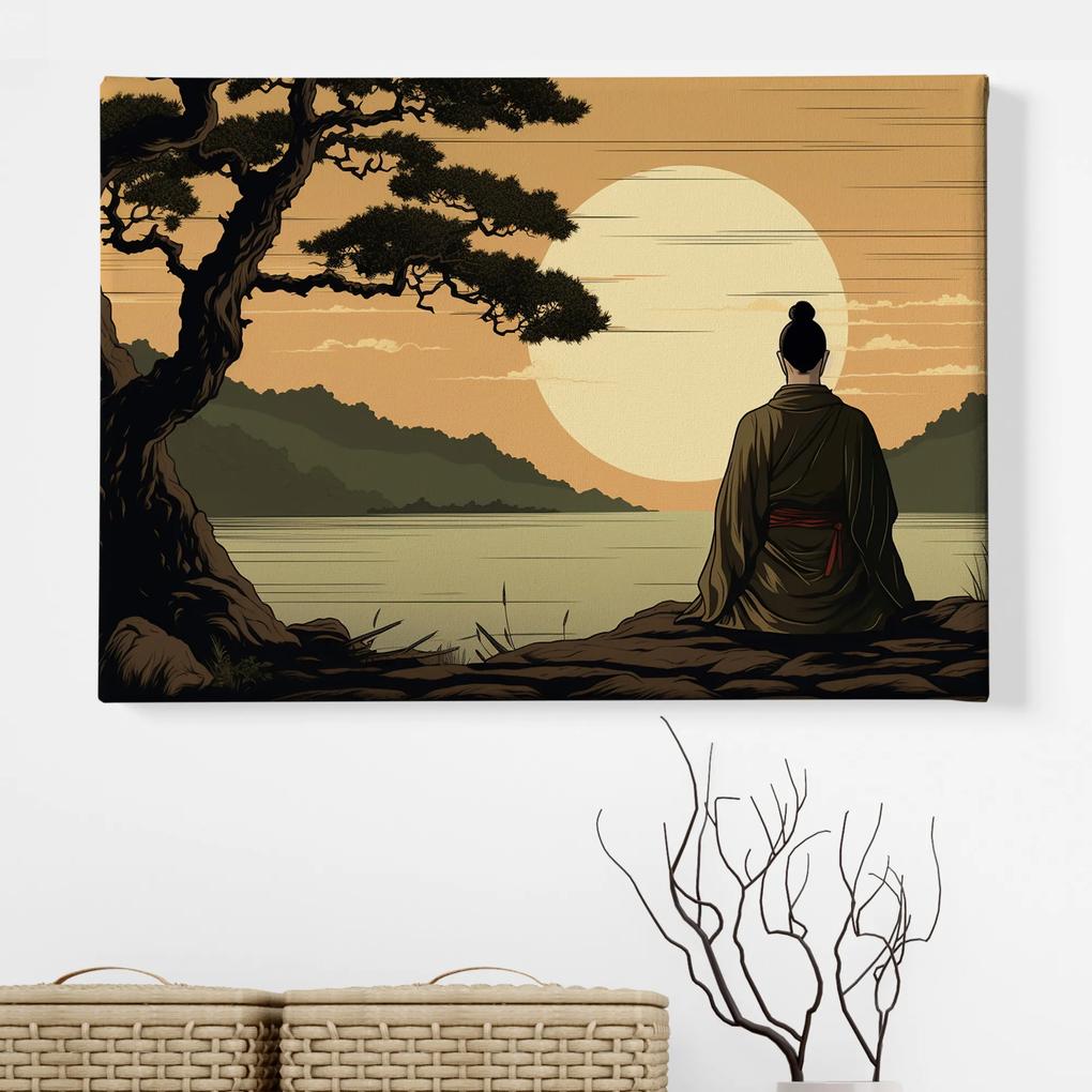 Obraz na plátně - Hiroshi, meditující muž na břehu jezera FeelHappy.cz Velikost obrazu: 150 x 100 cm