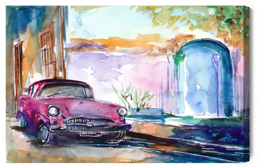 Obraz Růžové Auto Malované Akvarelem Nedostatek Nedostatek Přírodní plátno 100x70