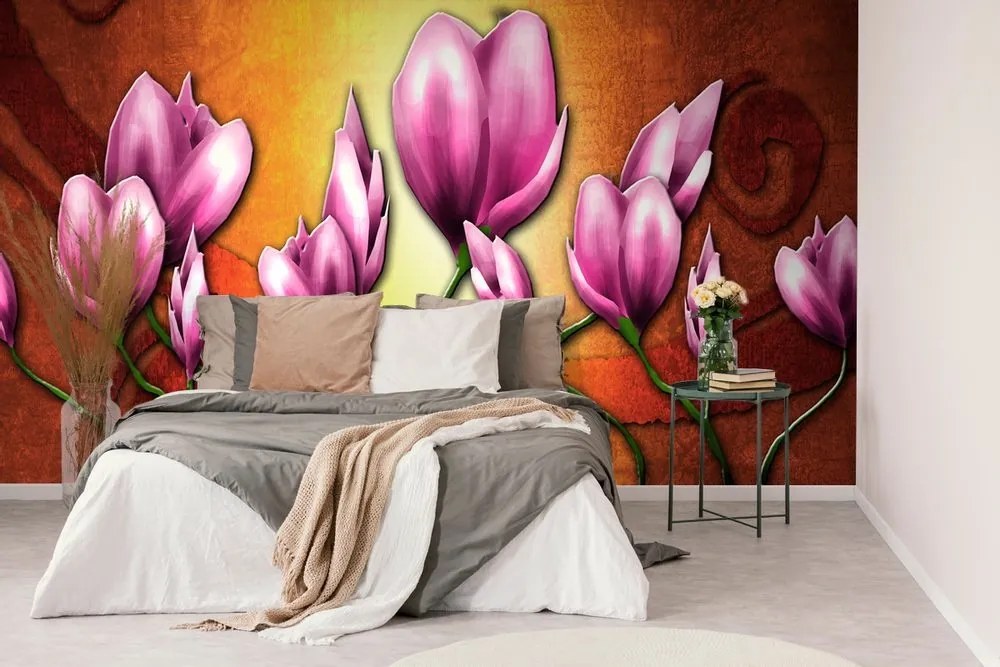 Samolepící tapeta fialkové květiny v etno stylu - 300x200 cm