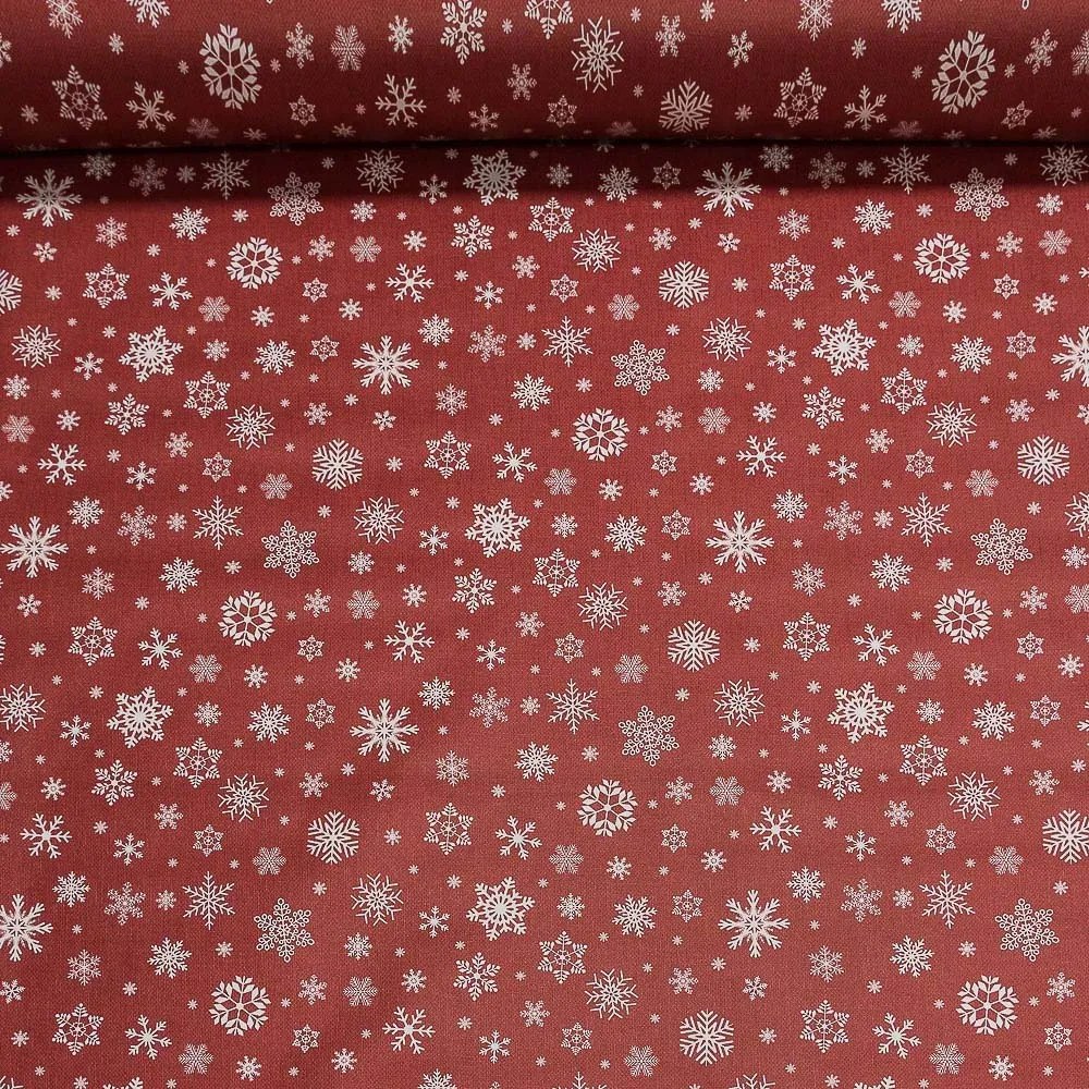 RexDeco Ubrus PVC s textilním podkladem 1096-3 vánoční, bílé vločky na červené, š.140cm (metráž)