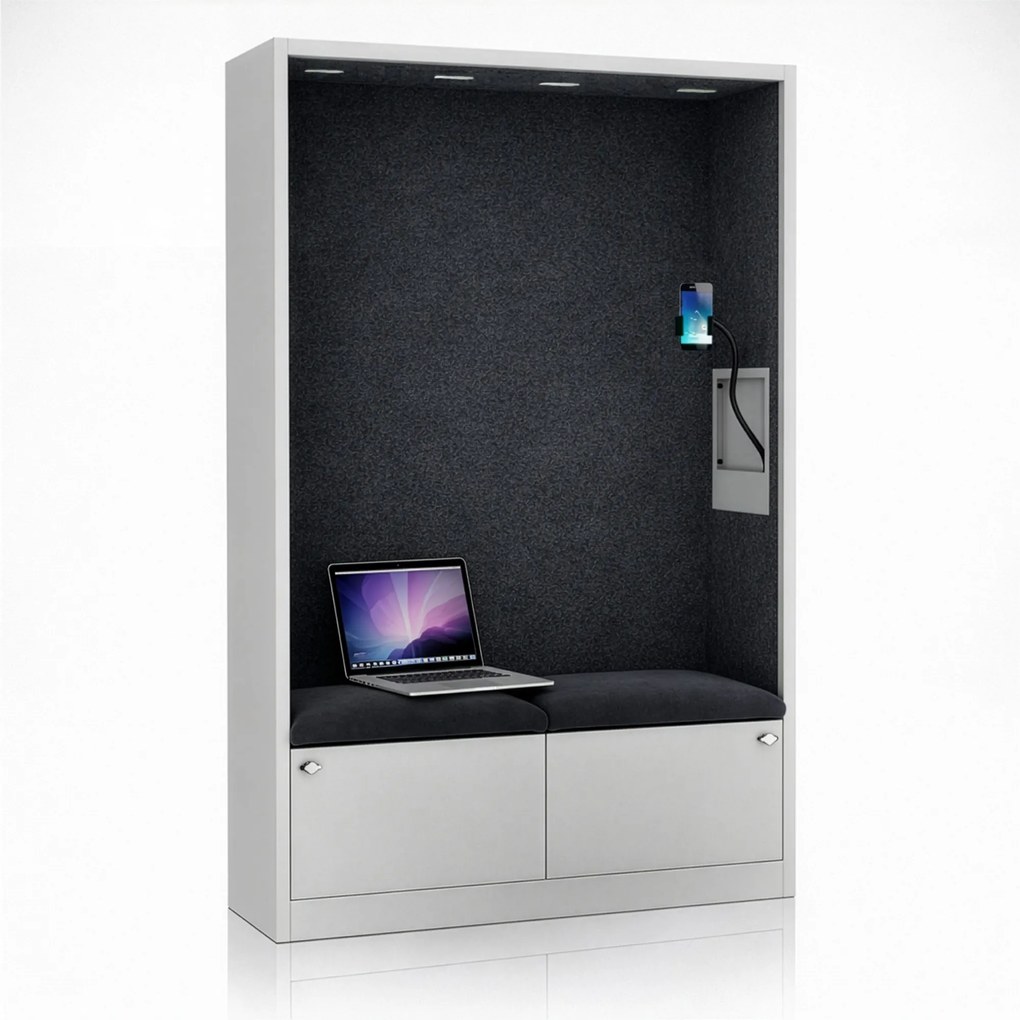 Kancelářská akustická kabina se sedátkem a USB-C portem, korpus šedý / sedák tmavě šedá, 1150 mm: SALLY MentalBox