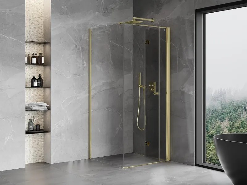 Mexen Mist-F T, 1-křídlý ​​skládací sprchový kout pravý 85 x 85 cm, čiré sklo, zlatý lesklý profil, 8A6T-085-085-50-00-P