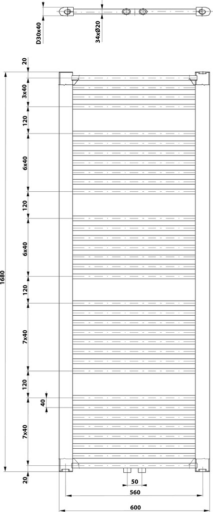 Aqualine Direct otopné těleso rovné 600 x 1680 mm středové připojení bílá ELM66T