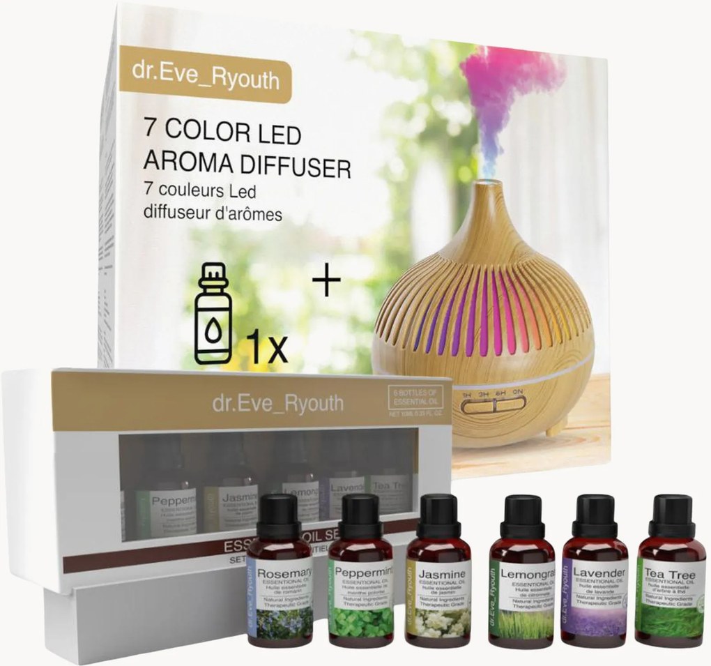 Sada LED aroma difuzéru's esenciálními oleji Tranquil Experience, 8 dílů