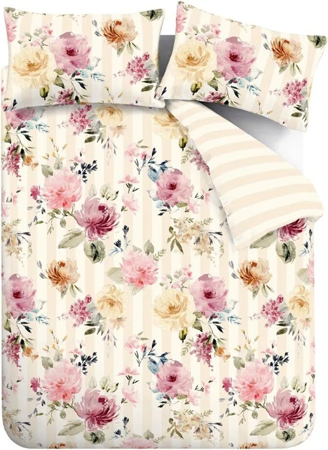 Krémové povlečení na dvoulůžko 200x200 cm Floral Stripe – Catherine Lansfield