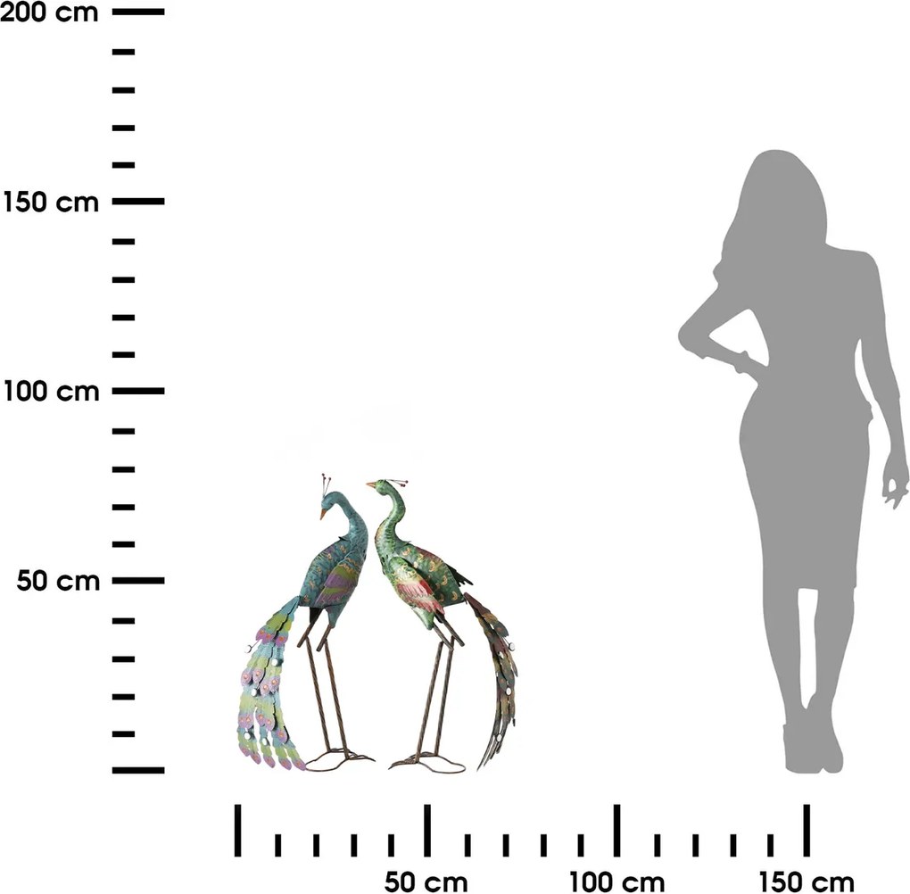 Zahradní kovová figurka Peafowl Duo, 78 cm, zelená/modrá