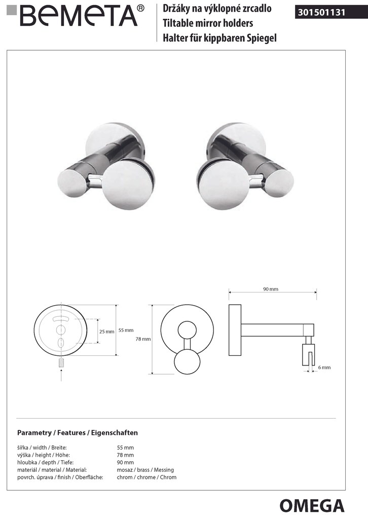 Bemeta Design OMEGA: Držáky na výklopné zrcadlo, 2 ks - 301501131