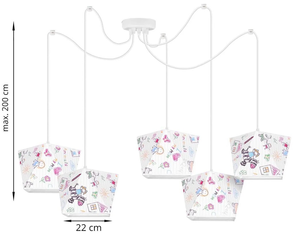 Dětské závěsné svítidlo Diamond Spider, 5x bílé textilní stínítko se vzorem