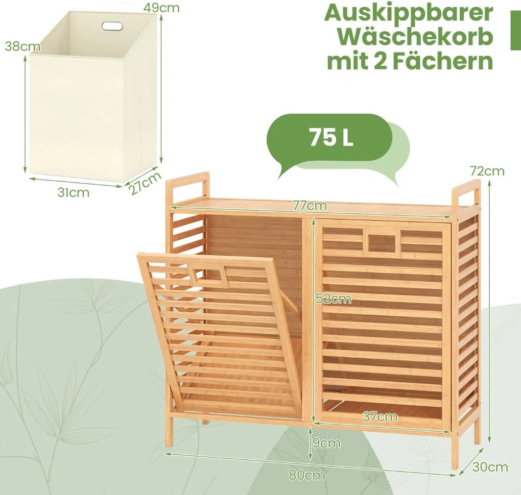 Costway Dvojitý otočný koš na prádlo 75 L bambusový koš na prádlo s 2
