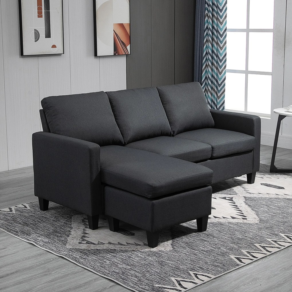 HOMCOM Rohová látková sedací souprava ve tvaru L s oboustranným lehátkem, sedací souprava lněná tmavě šedá 197x139x91cm do obývacího pokoje | Aosom.de