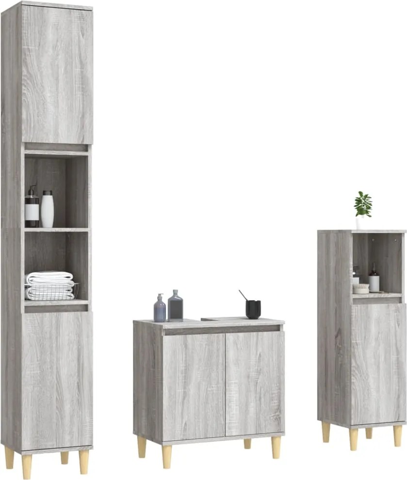 3dílný set koupelnového nábytku šedý sonoma kompozitní dřevo 3185587