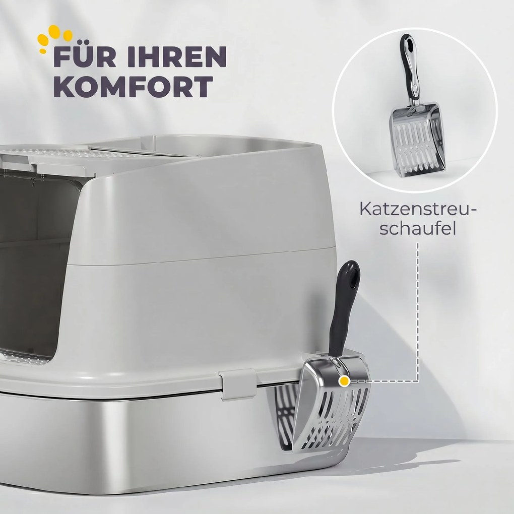 PawHut krytá nerezová kočičí toaleta s horním otevíráním, dvojím vstupem, lopatkou, vysokými stěnami, odolná proti prosakování, proti zápachu, snadno…