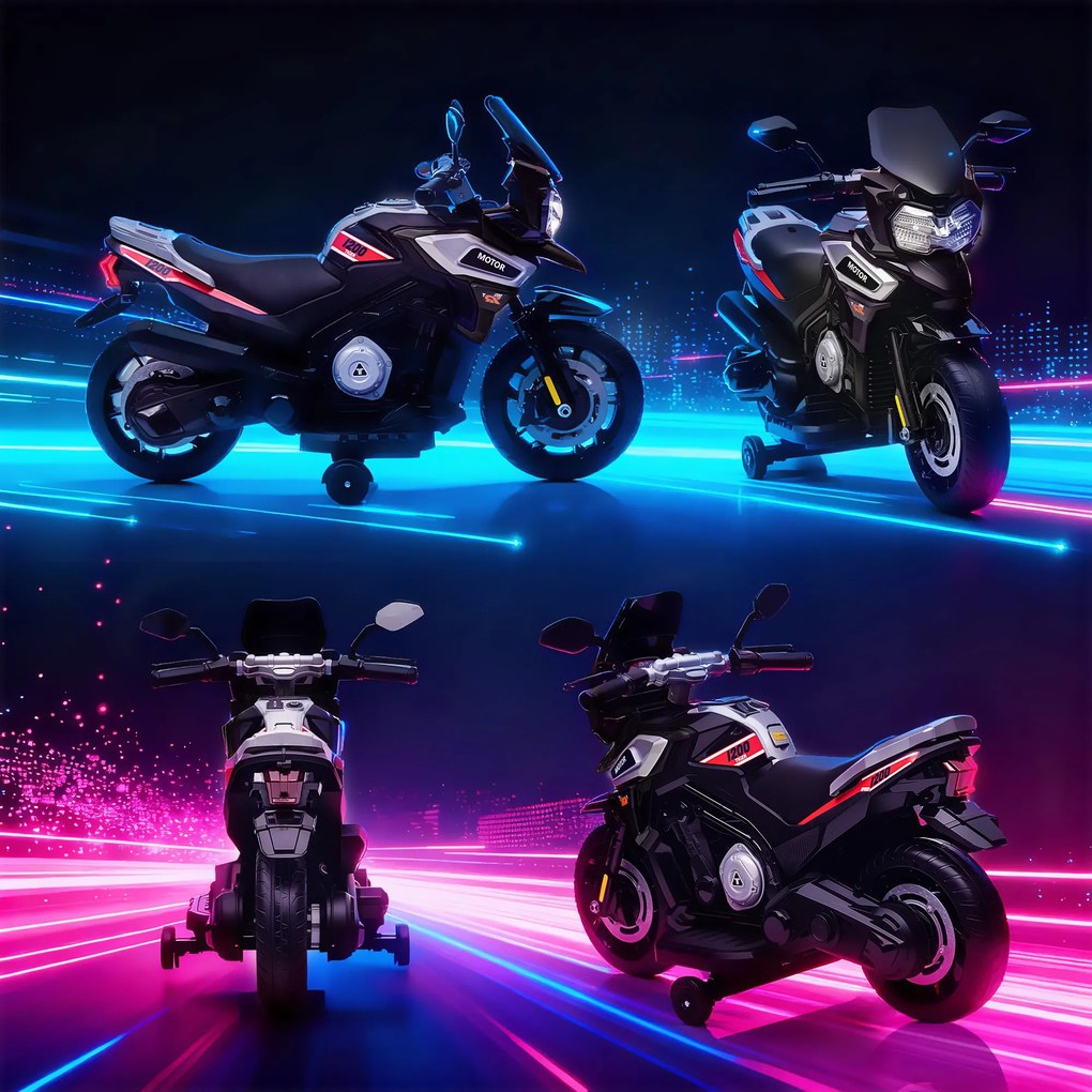 AIYAPLAY Elektrická motorka pro děti od 18-36 měsíců, sedací vozidlo, pomocná kolečka, světla, hudba, plast, kov, černá