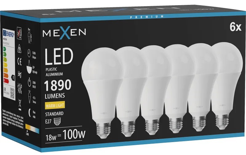 Mexen Nova 6x LED žárovka E27, A70, 18W, Teplá - 3000K, 1890 lm - L100-E27-1830-01x06