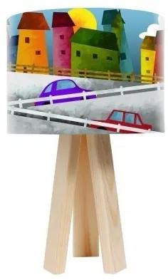 Timberlight Dětská stolní lampa Homes and Cars +bílý vnitřek + dřevěné nohy