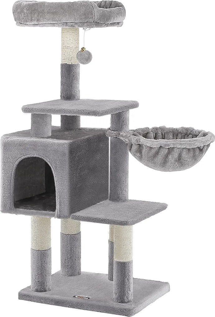 Škrabací sloup, víceúrovňový kočičí strom 110 cm, světle šedý | feandrea