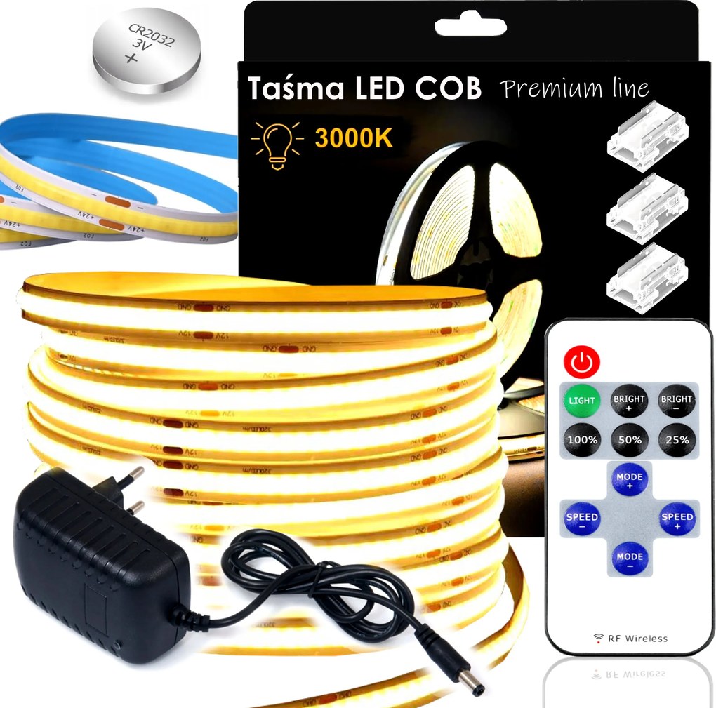 Set Led pásek Cob Neon 5m 3000K Bílý Teplý Kompletní sada Bonus