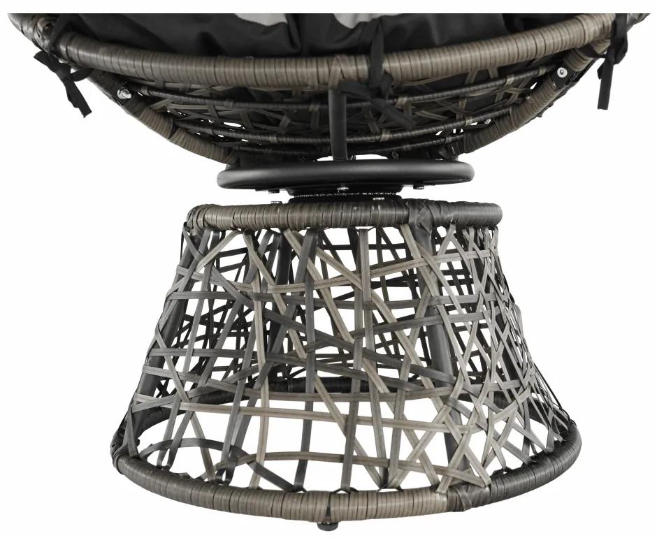 Otočné křeslo s polštářem TRISS ocel černá, umělý ratan šedý, látka šedá a černá