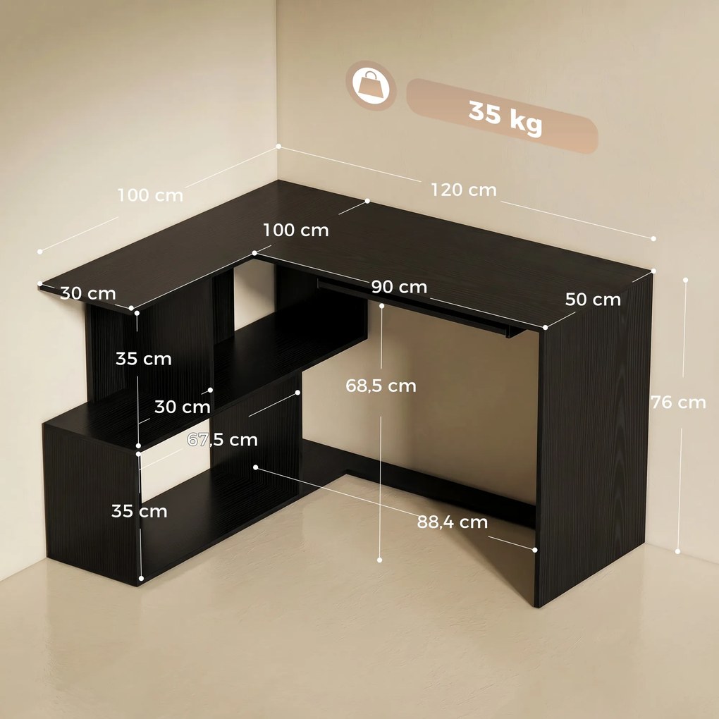 HOMCOM rohový stůl, 120 x 100 x 76 cm, L‑tvar psací stůl s výsuvem na klávesnici, 4 otevřené přihrádky, černý