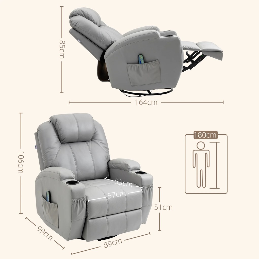 Masážní křeslo HOMCOM Relaxační křeslo s 8 vibračními body, 5 režimů, funkce polohování, nosnost 150 kg, imitace kůže, světle šedá